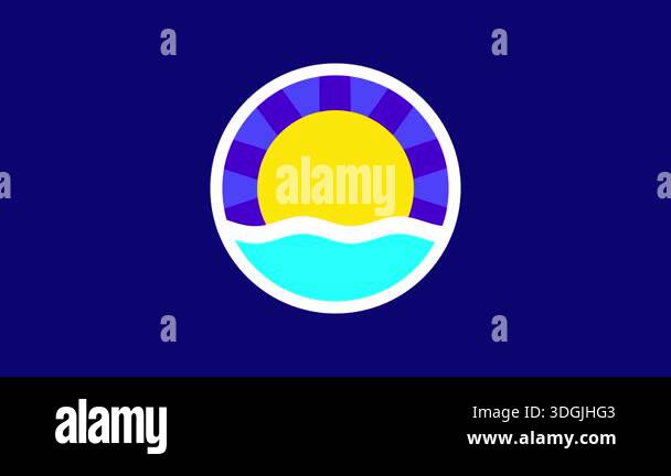 A yellow sun over blue ocean waves framed by a thick white border ...