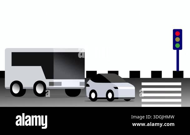 A grey bus and a small car are stopped at a street intersection with a ...