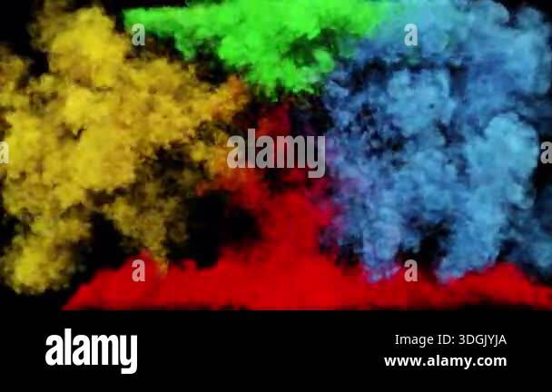 Colorful powder smoke blast in blue, green, red and yellow, full ...
