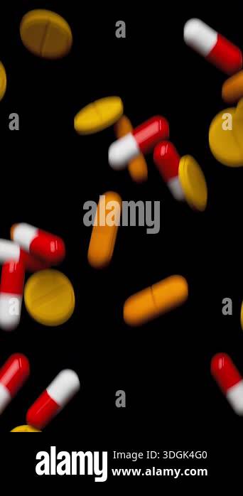 Red and orange tablets fall and fill the screen . Drugs, pills, tablets ...