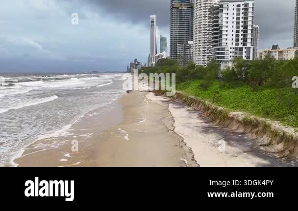 Aerial view of coastal erosion and high waves impacting Gold Coast ...