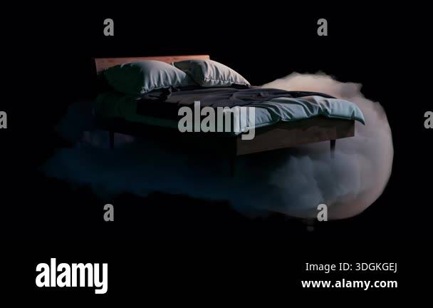 3D animation of a bed floating through dark moonlit clouds. Seamlessly looping sequence with a ...