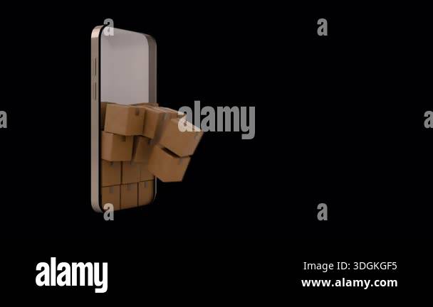 3D animation of a smartphone sliding in as cardboard boxes fall out of ...