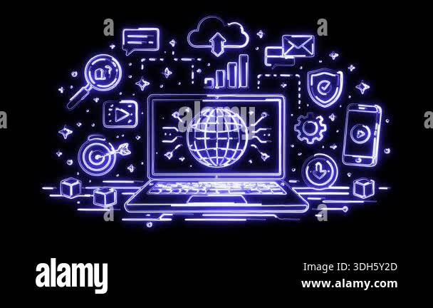 Futuristic tech connection with glowing blue neon light path effect on ...