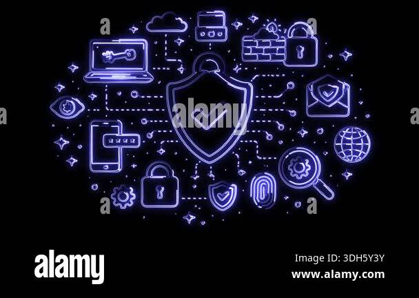 Cybersecurity shield with network, glowing blue neon light path effect ...