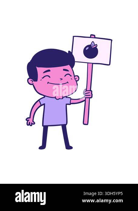 jiggle and pause animation of happy cartoon man with apple placard ...