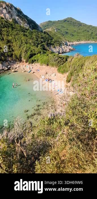 Aerial view of Porto Timoni, one of main attractions of Corfu or ...