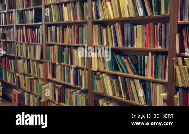 Bookshelves filled with diverse books create a colorful and blurred ...