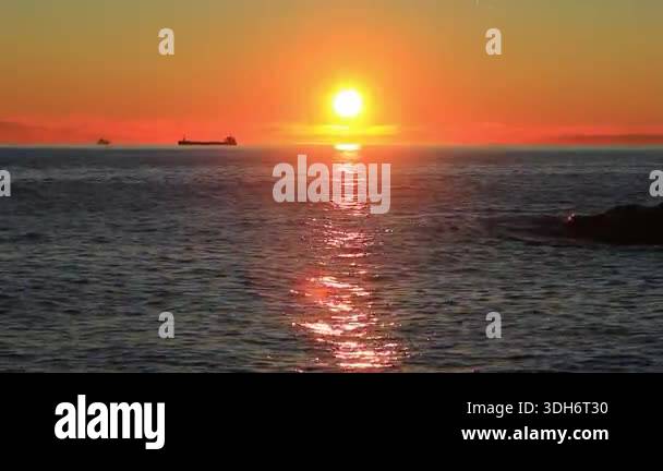 Cargo ship silhouette distant ocean sunset Bogliasco Italy Stock Video ...