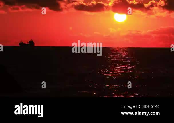 Cargo ship silhouette distant ocean sunset Bogliasco Italy Stock Video ...
