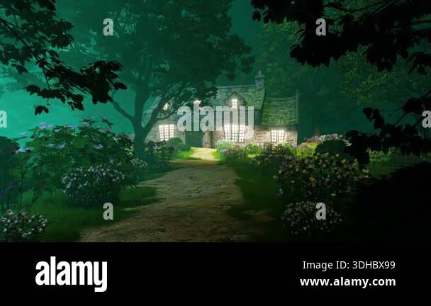 An old hotel in a magical misty forest. Animation themed around fairy ...