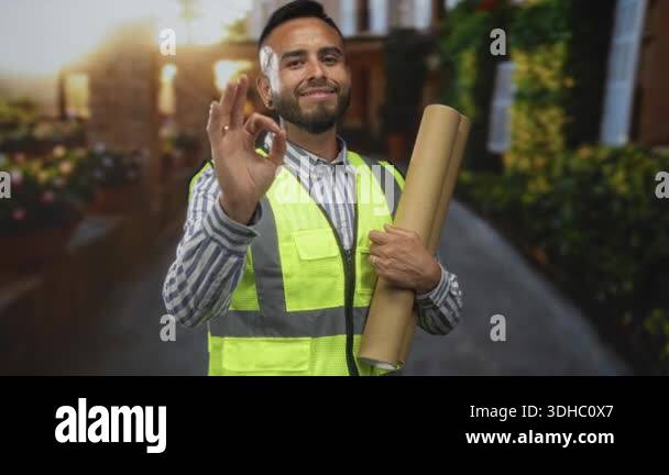 Man in neon safety vest holding rolled plans and makes ok sign on ...