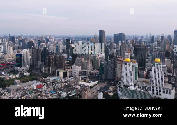 Aerial view of Bangkok skyline from a tripod perspective. Downtown ...