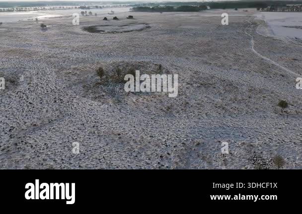 Aerial Frosty Sand Dune Landscape Revealing Circular Hummock Of Low ...