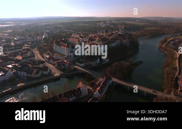 Aerial drone panorama of Neuburg an der Donau, a cultural heritage city ...