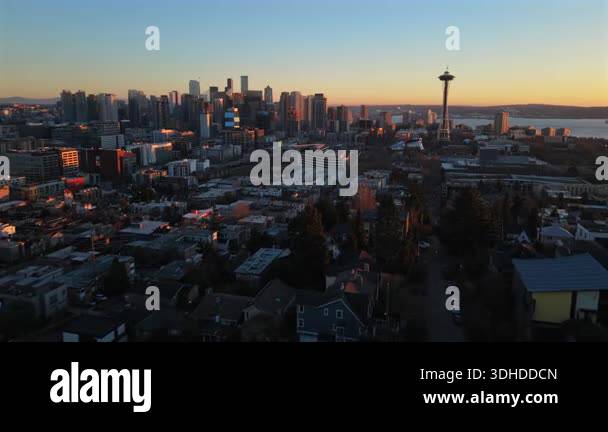 Wide aerial view of Seattle Washington skyline with Space Needle at ...
