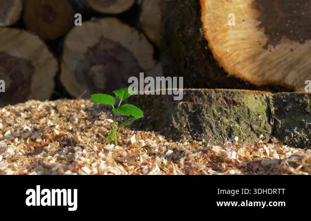 A hand is reaching out towards a small green tree sprouting from wood ...