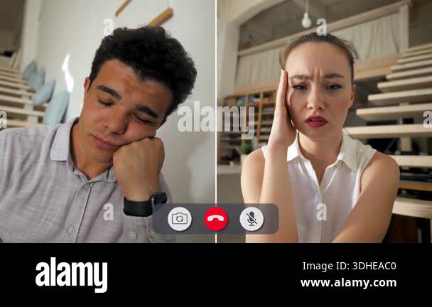 A split screen shows a man and a woman on an online call. Both show ...