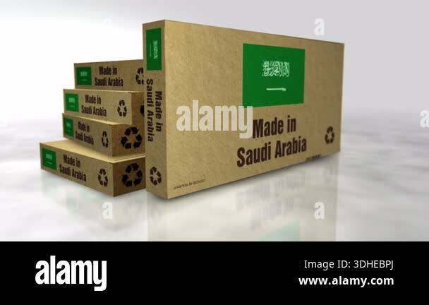 Made in Saudi Arabia box. Israeli export import Cardboard pack abstract ...