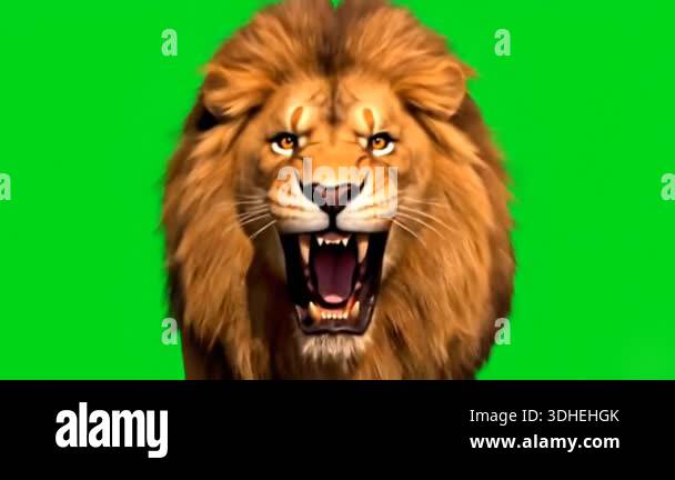 High quality 3D animation of a roaring lion walking forward on green ...
