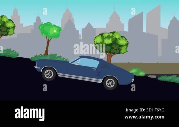Retro car cartoon animation driving up the hill on the street, city ...