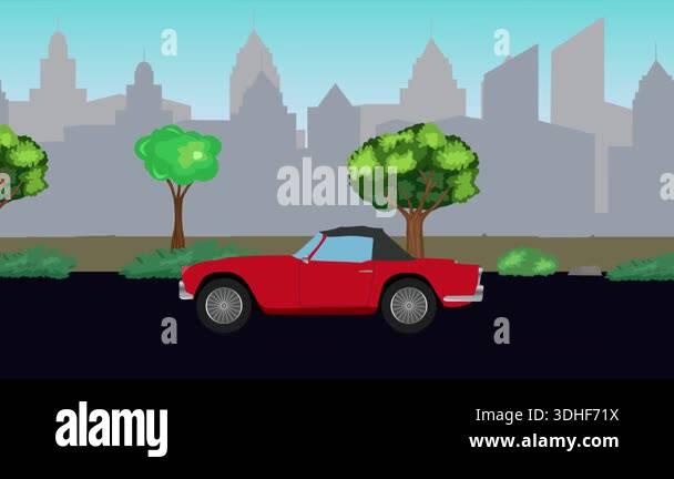 Animation of retro car driving on the street, city background, seamless ...