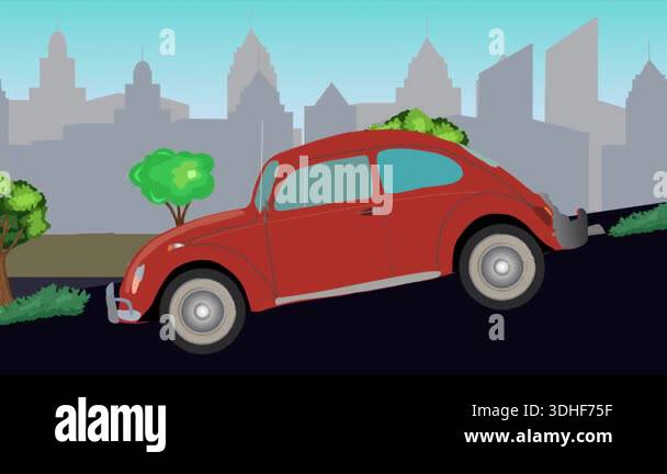 Retro car animation going down the valley on the street, city ...