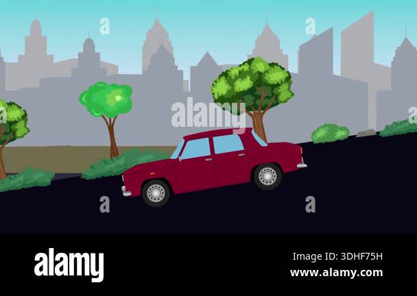 Retro car animation going down the valley on the street, city ...