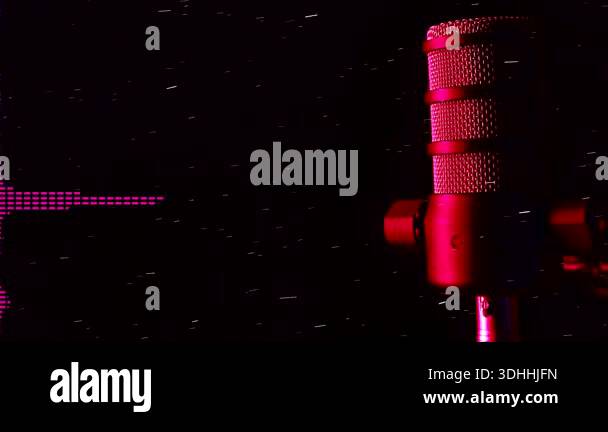 A studio microphone glowing neon light with digital equalizer bands on ...