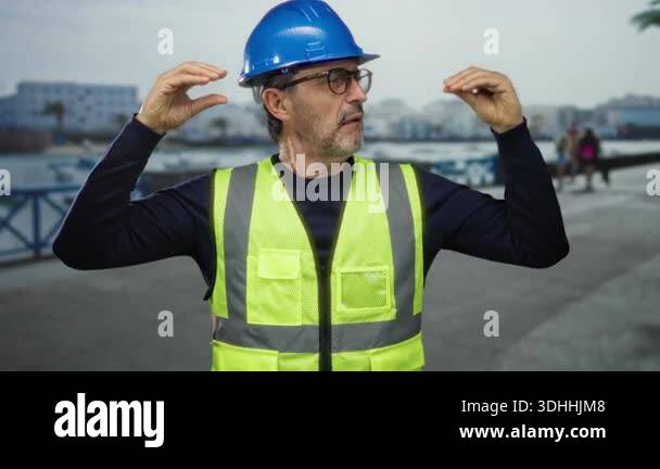 Man in safety vest with blue helmet gesturing at seaside promenade with ...