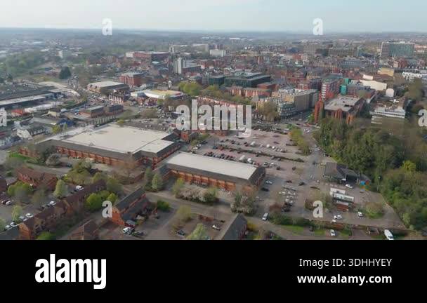 Aerial drone view of Northampton city centre, high rise buildings and ...