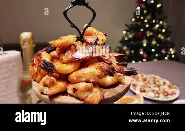 Grilled Shrimp Prawns Close-Up Festive Holiday Platter with Golden ...