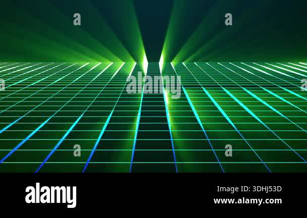 Futuristic 80s Retro Neon Green Grid Line with Glowing Light Rays for ...