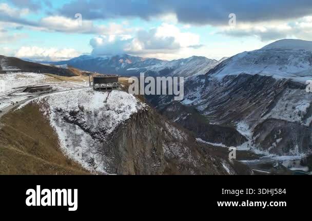 Early winter landscape near Friendship Arch in Caucasus. 4K drone ...