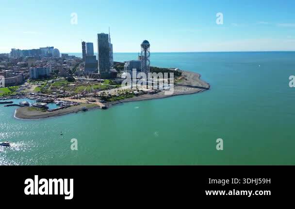 Bird's-eye view of Batumi landmarks in clear winter. 4K horizontal ...