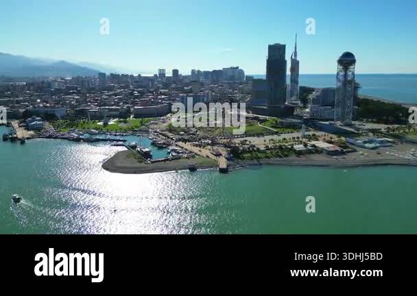 Bird's-eye view of Batumi landmarks in clear winter. 4K horizontal ...