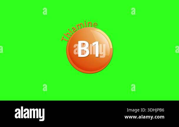 Vitamin B1 (Thiamine) icon animates in with rice, meat, and grains on a ...