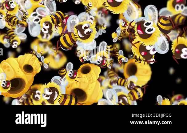 Animated bees flying around yellow beehives Stock Video Footage - Alamy