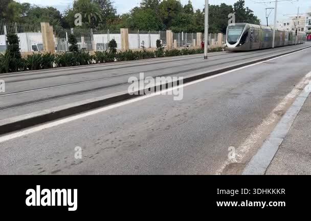 Modern decorated tramway passing in the city of rabat, morocco on a ...