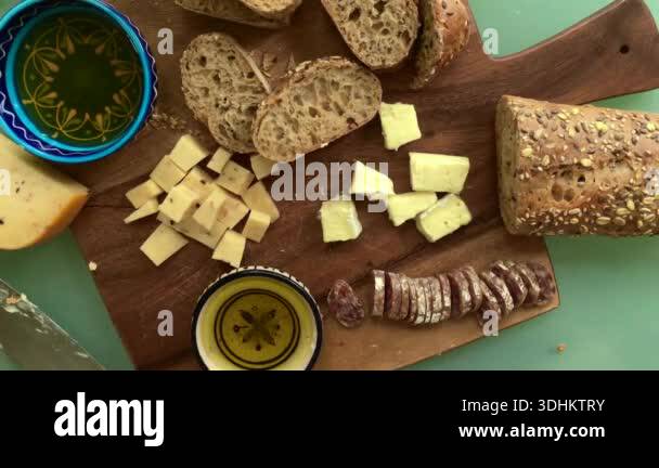 Slices of bread cheese and salami arranged Stock Video Footage - Alamy