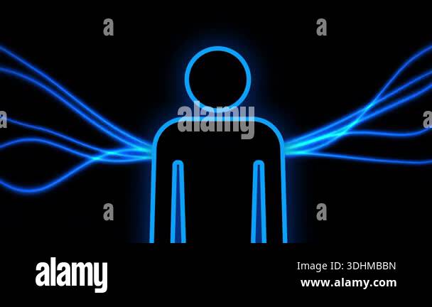 A neon blue outline of a human figure is shown with glowing energy ...