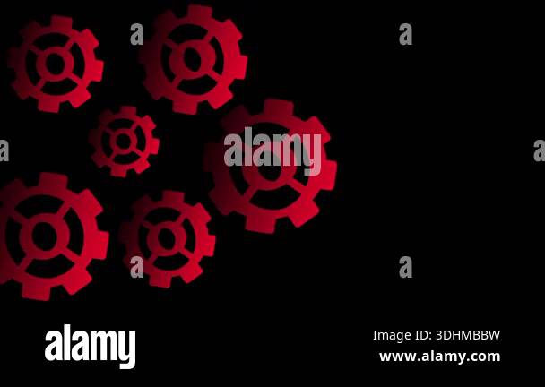 Several crimson gear icons are scattered across the frame in a floating ...