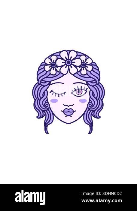 flashy sales animation of iconic tattoo style image of a maidens face ...