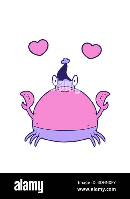 spinning hearts animation of hand drawn line drawing of a crab wearing ...