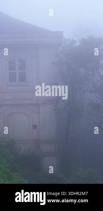 Vertical video. Old stone Building partially hidden by thick Fog with ...