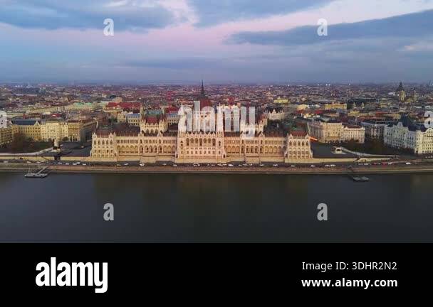 Stunning aerial view of the Hungarian Parliament Building at sunset ...
