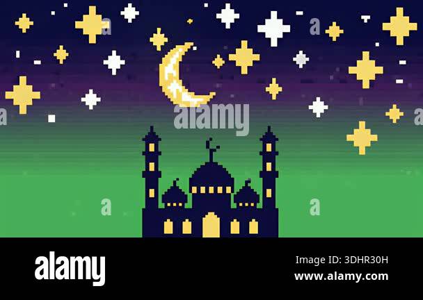 A charming pixel art illustration depicting a mosque silhouette beneath ...