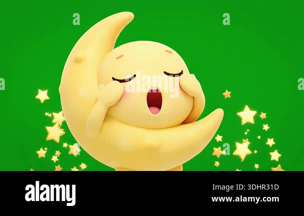 An adorable cartoon moon character yawns, rubs its eyes, and then ...