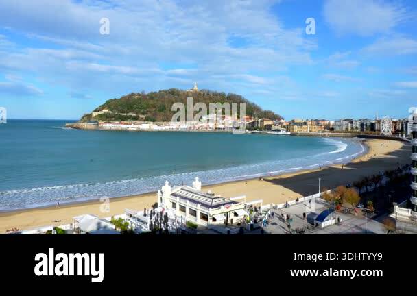 Stunning aerial perspective of la concha beach, with gentle waves ...