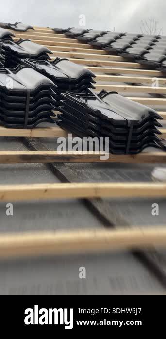 Stacked Roof Tiles On Wooden Battens, Closeup Of Tile Profile And ...